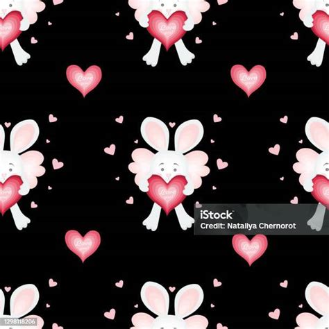 검은 색에 하트와 귀여운 날개 달린 토끼와 매끄러운 패턴의 벡터 일러스트 포장지 섬유 커버용 0명에 대한 스톡 벡터 아트 및