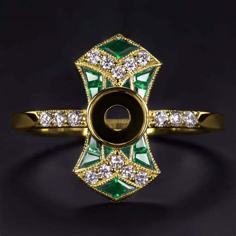 Emerald Diamond Engagement Ring Setting Vintage Yellow Gold Art Deco