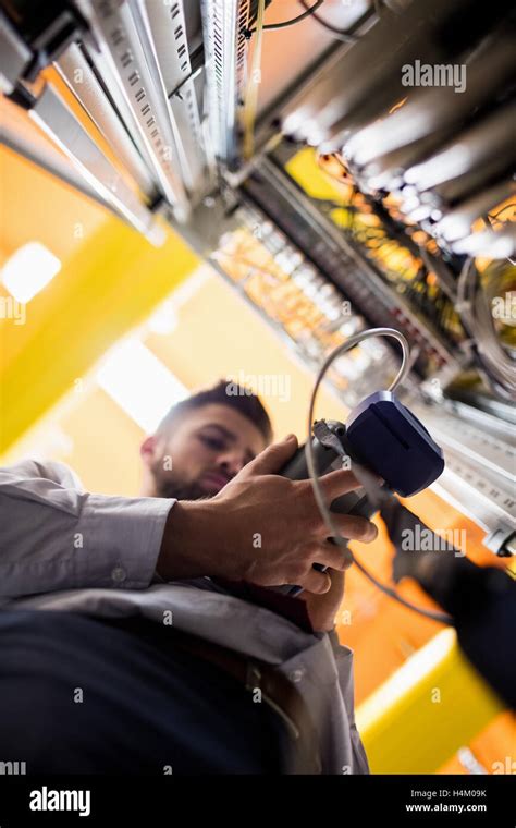 Technician Using Digital Cable Analyzer Stock Photo Alamy