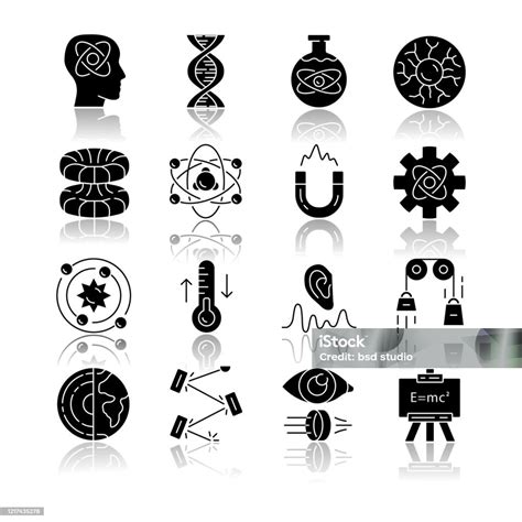 물리 분기는 그림자 검은 색 문말 아이콘 세트를 놓습니다 물리적 인 과정과 현상 고전 현대 및 양자 물리학 전자기 열역학 격리된