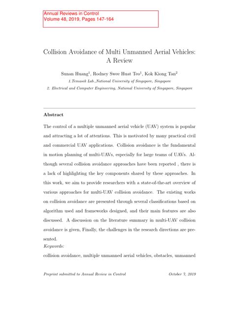 Pdf Collision Avoidance Of Multi Unmanned Aerial Vehicles A Review