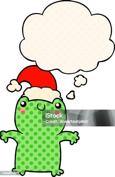 만화책 스타일의 생각 거품이 있는 크리스마스 모자를 쓰고 귀여운 만화 개구리 0명에 대한 스톡 벡터 아트 및 기타 이미지 0