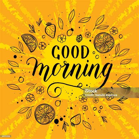 좋은 아침 인사말 카드 포스터 인쇄입니다 핸드 레터링 태양 광선 화 환 레몬 딸기 베리 꽃 차 잎으로 벡터 배경 가리기에 대한 스톡 벡터 아트 및 기타 이미지 Istock