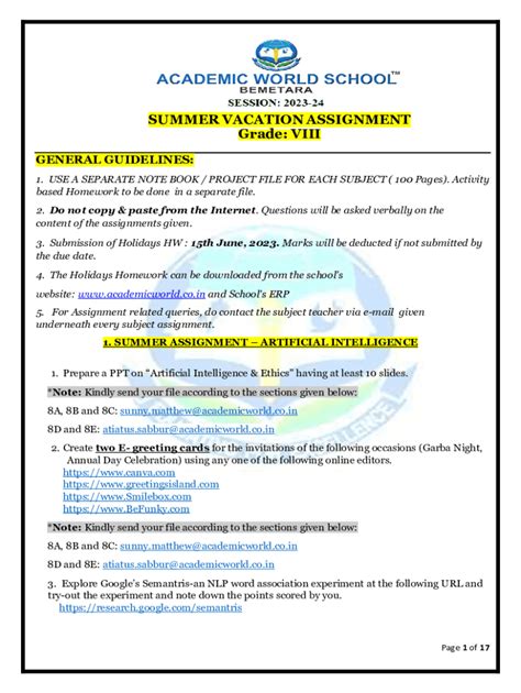Fillable Online Summer Vacation Holiday Homework Fax Email Print