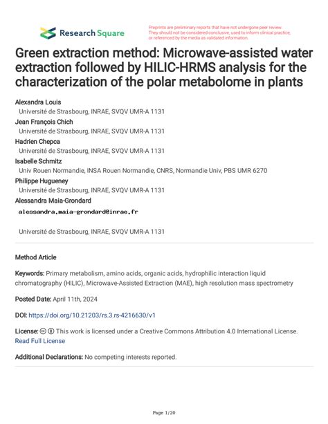 Pdf Green Extraction Method Microwave Assisted Water Extraction Followed By Hilic Hrms