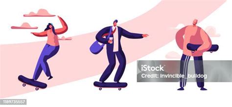 젊은 스케이트 보더 액티브 보이즈 앤 걸스 스포츠 익스트림 여름 레저 활동 세트 주말에 공공 공원에서 휴식을 취하는 스케이트 보드 남성과 여성 캐릭터 만화 플랫 벡터