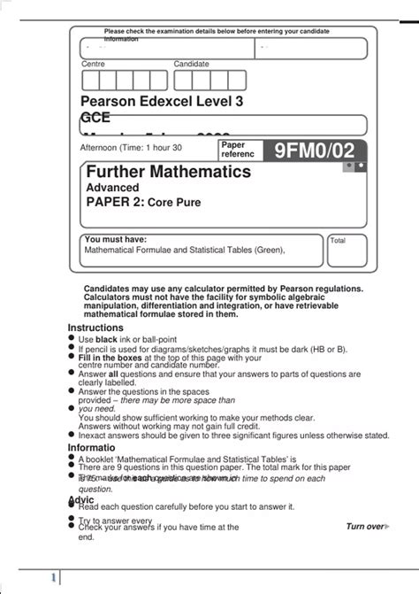 Pearson Edexcel Level 3 Gce Further Mathematics Advanced Paper 2 Core Pure June 2023 Pearson