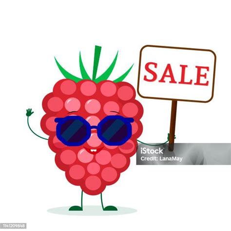 선글라스의 귀여운 라스베리 만화 캐릭터가 판매 사인을 유지 합니다 로고 템플릿 디자인입니다 벡터 일러스트 레이 션 플랫 스타일
