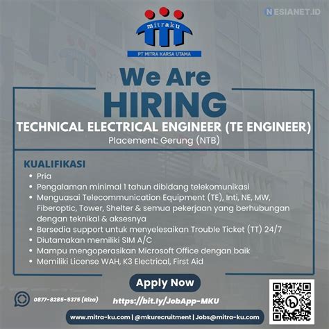 Lowongan Kerja Technical Electrical Engineer Outsourcing Di Pt Mitra Karsa Utama Gerung Lombok