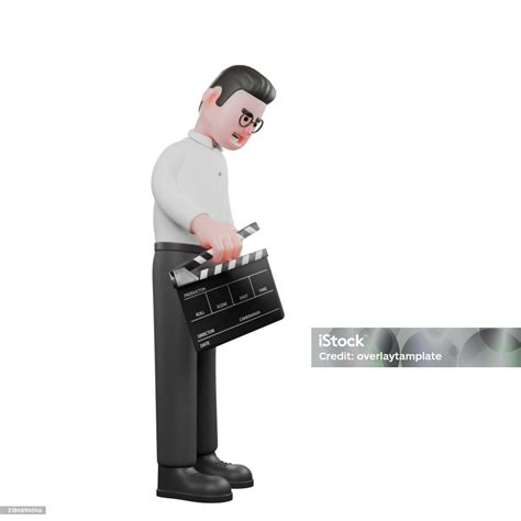 애니메이션 3d 프로듀서 한 남성 프로듀서가 손에는 박수 컷보드를 들고 고개를 숙인 채 왼쪽을 바라보고 서 있다 프로듀서 캐릭터 사람들에 대한 스톡 사진 및 기타 이미지