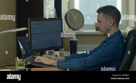 Man Coding Html And Programming On Screen Monitors Development Web