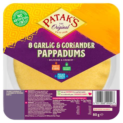 Pataks Pappadums Knoflook And Koriander Per Wikkel 80 G