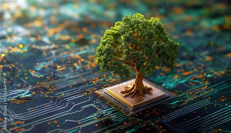 Full Green Tree Grows From A Microchip On A Circuit Board With Glowing