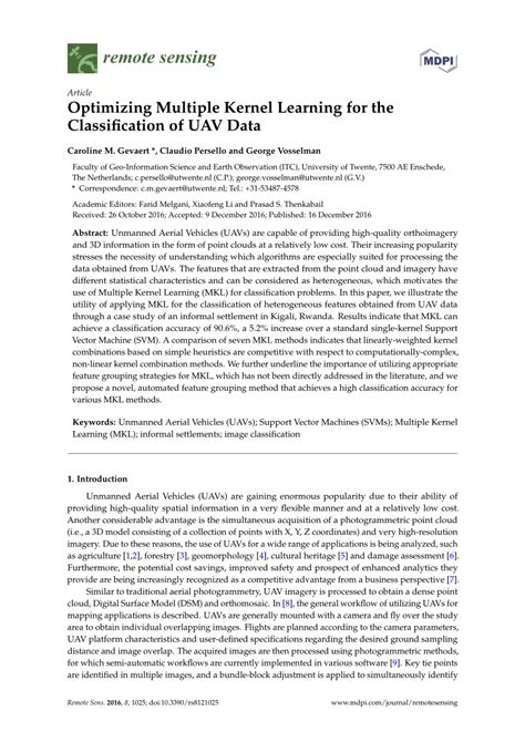 Pdf Optimizing Multiple Kernel Learning For The Classification Of Uav Data