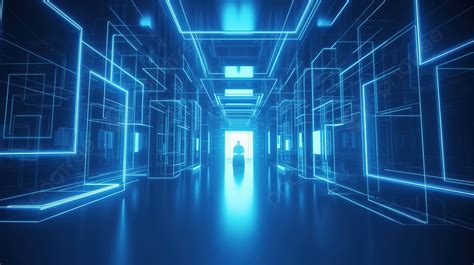 Blue Neon Illuminated Interior Room In Futuristic Architecture 3d