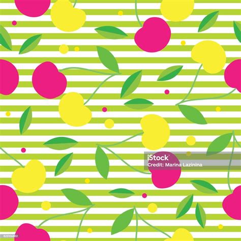 장식 핑크와 노란색 체리와 완벽 한 패턴입니다 정원 딸기입니다 섬유 교감입니다 건강한 생활방식에 대한 스톡 벡터 아트 및 기타 이미지 건강한 생활방식 과일 귀여운