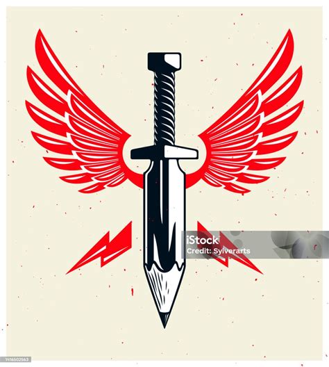 아이디어는 블레이드 창조적 인 힘 벡터 로고 또는 아이콘 대신 연필날개 칼로 표시된 디자이너 또는 예술가 비유의 무기입니다 검에 대한 스톡 벡터 아트 및 기타 이미지