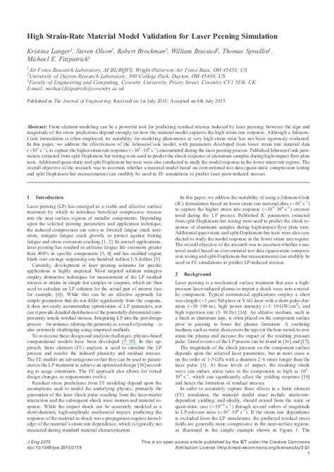Pdf High Strain Rate Material Model Validation For Laser Peening Simulation