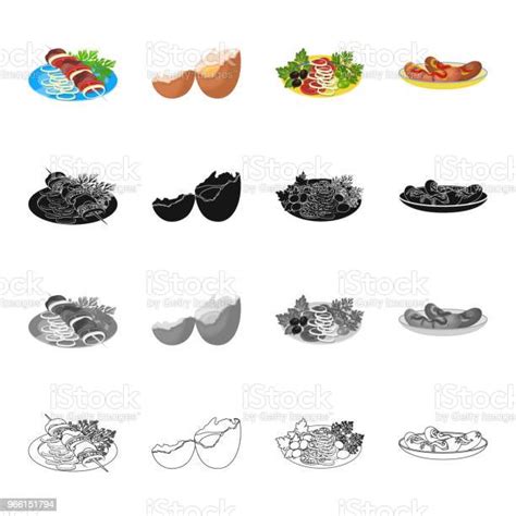 음식 접시 깨진된 달걀 야채 샐러드 양념과 튀긴된 소시지 시 케밥 음식과 요리 만화 블랙 단색 개요 스타일 벡터 기호 재고