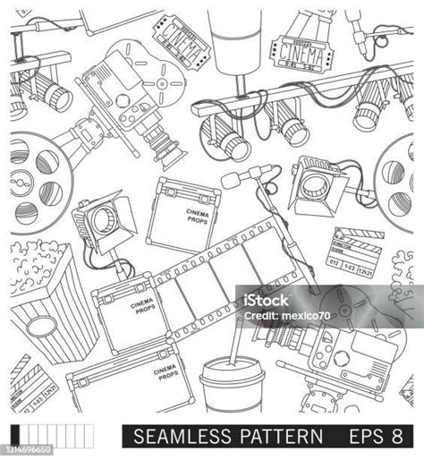 매끄러운 질감 영화 산업과 영화의 요소의 라인 아트 패턴 벡터 일러스트레이션 영화관에 대한 스톡 벡터 아트 및 기타 이미지 영화관 영화 영화 산업 Istock
