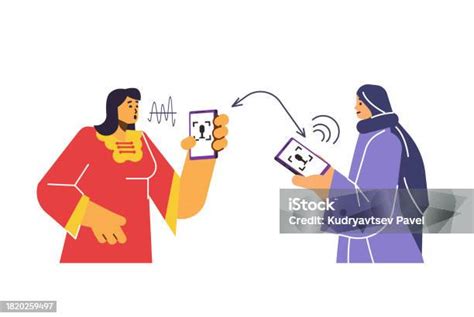 스마트폰의 온라인 번역기 앱을 이용한 사람들 간의 다국어 소통 외국인 대화 벡터 Brand Name Smart Phone에 대한 스톡 벡터 아트 및 기타 이미지