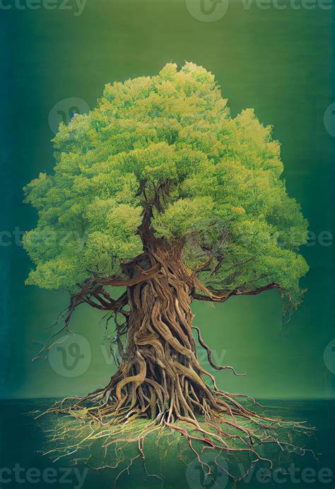 Illustration Of Old Big Green Tree With Roots On Dry Land Tree Of Earth And Life Magic Tree
