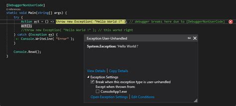 Net Vs2017 Why Is Debugger Breaking On Handled Exception When Debuggernonusercodeattribute