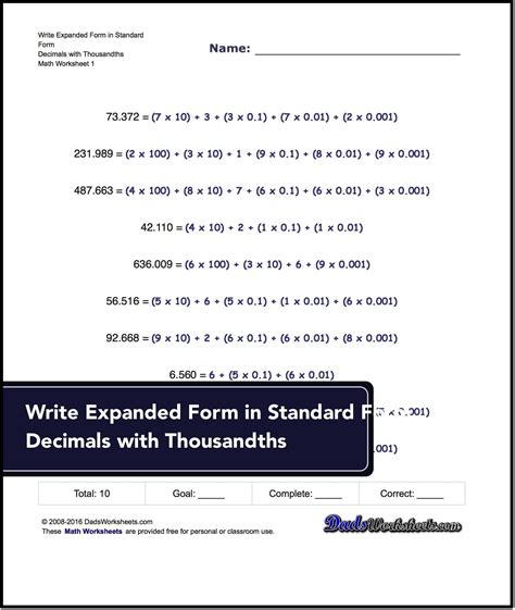 Writing Decimals In Standard Form