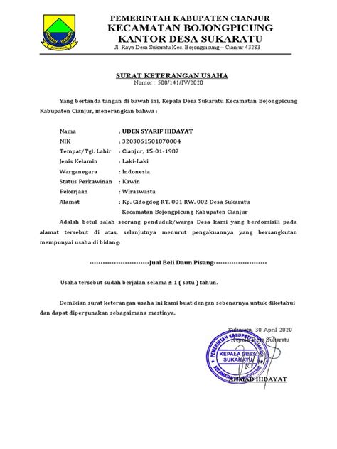 Detail Surat Keterangan Usaha Dari Kepala Desa Koleksi Nomer