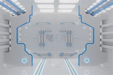 科幻垃圾破坏金属走廊背景霓虹灯照明3d渲染 插图