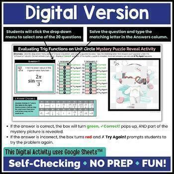 Evaluating Trig Functions On Unit Circle Self Checking Digital Activity