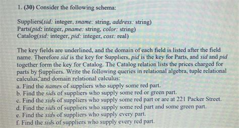 Solved 1 30 Consider The Following Schema Supplierssid