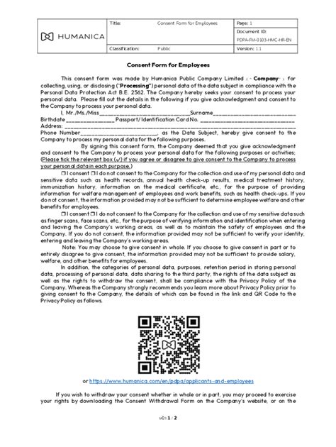 Fillable Online Consent Form For Employees Page 1 Document Id Pdpa