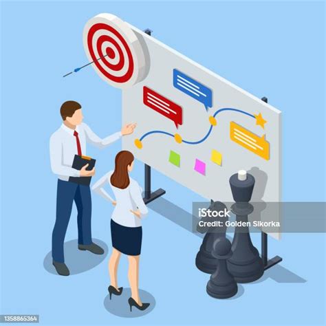 Isometric 개념 비즈니스 전략 성공을위한 전략을 계획합니다 승리 관리 또는 리더십을 위한 목표 비즈니스 전략을 달성합니다 사무실에 대한 스톡 벡터 아트 및 기타