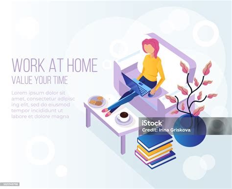 집에서 직장 코치 앉아서 노트북 작업을 사용 하 여 녹화에 프리랜서를 여자 프리랜서 온라인 프로젝트 작업 작업입니다 벡터 평면 만화 절연 배너 그림 소파에 대한 스톡 벡터
