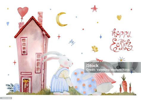 행복한 부활절의 수채화 그림 부활절 토끼 달걀 동화 속 집 나비 당근 및 하트가있는 귀여운 손으로 그린 봄 그림 엽서 포장 및 축제 장식 디자인을위한 클립 아트 4월에 대한