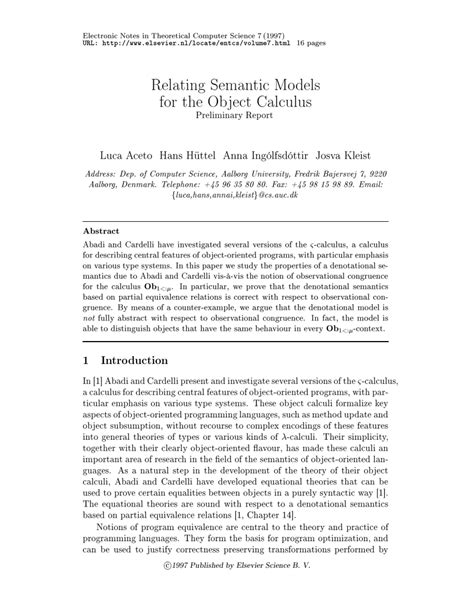 Pdf Relating Semantic Models For The Object Calculus