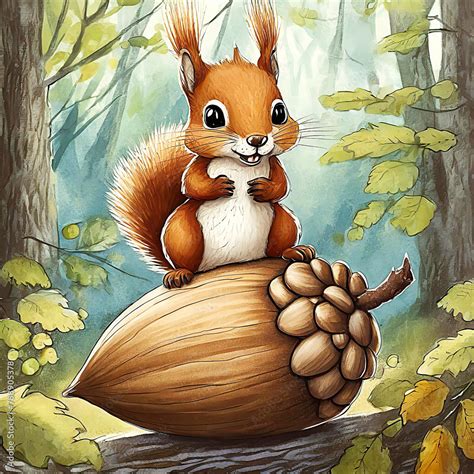 Стокова ілюстрація 커다란 도토리에 올라탄 귀여운 다람쥐 Adobe Stock