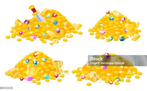 만화 해적 보물 금화 보석 왕관 칼 보석 해적 보물 금 더미 크라운 크리스탈 보석 벡터 일러스트 세트 동화 같은 보물 더미 산더미에 대한 스톡 벡터 아트 및 기타 이미지