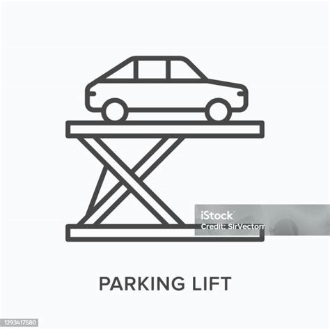 주차 리프트 플랫 라인 아이콘 차량 엘리베이터가 있는 화면의 벡터 개요 그림입니다 도시 운송 장비를 위한 인포그래픽 디자인 블랙 씬 리니어 픽토그램 0명에 대한 스톡 벡터