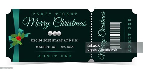 메리 크리스마스 우아한 수평 파티 티켓 녹색 활과 겨우살이를 가진 사람을 인정합니다 0명에 대한 스톡 벡터 아트 및 기타 이미지 0명 1인 입장 허가 검은색 Istock