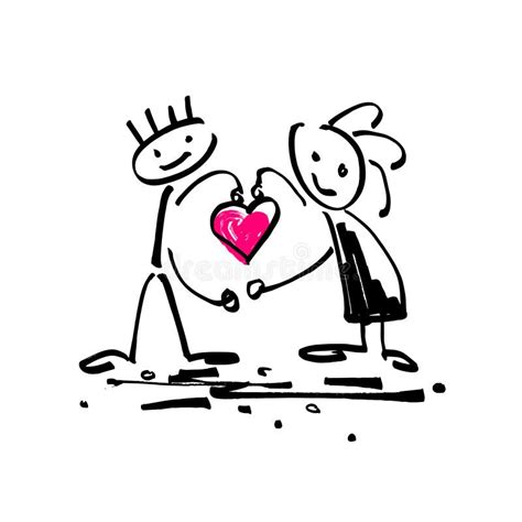 Sketch Doodle Human Stick Figure Couple In Love With A Heart Stock Vector Illustration Of