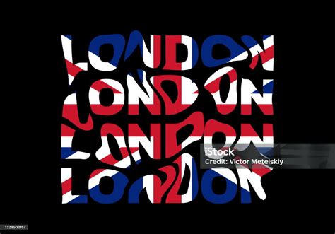 물결 모양의 편지와 영국 국기와 런던 타이포그래피 텍스트 또는 슬로건 잔물결 또는 결함 효과가 있는 티셔츠 그래픽 추상 프린트