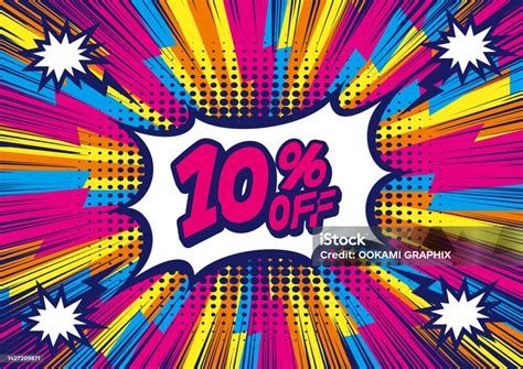 만화 스타일의 뱅 모양 배경에 대한 10 Off 할인 팝 아트 만화 할인 프로모션 배너 3차원 형태에 대한 스톡 벡터 아트 및