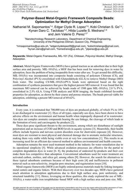 Pdf Polymer Based Metal Organic Framework Composite Beads Optimization For Methyl Orange