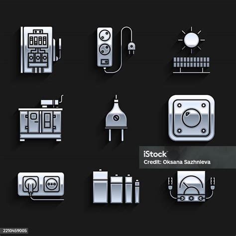 전기 플러그 배터리 암페어 미터 멀티 미터 전압계 전등 스위치 전기 콘센트 디젤 발전기 태양 에너지 패널 및 태양 및 아이콘을 설정합니다 벡터 0명에 대한 스톡 벡터 아트