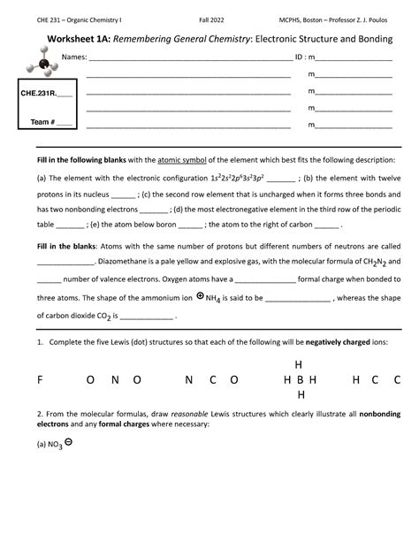 Worksheet 1A Remember General Chemistry Electronic Structure And