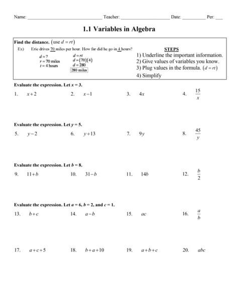 Algebra Essentials 1 1 Variables In Algebra Worksheet Docx And Pdf