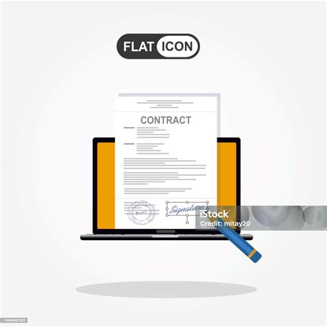 노트북 벡터 일러스트레이션의 온라인 전자 문서 컴퓨터 화면에 서명이 있는 평면 만화 종이 문서 디지털 또는 인터넷 사무실 개념 온라인 거래 웹 서류 계약서에 대한 스톡 벡터
