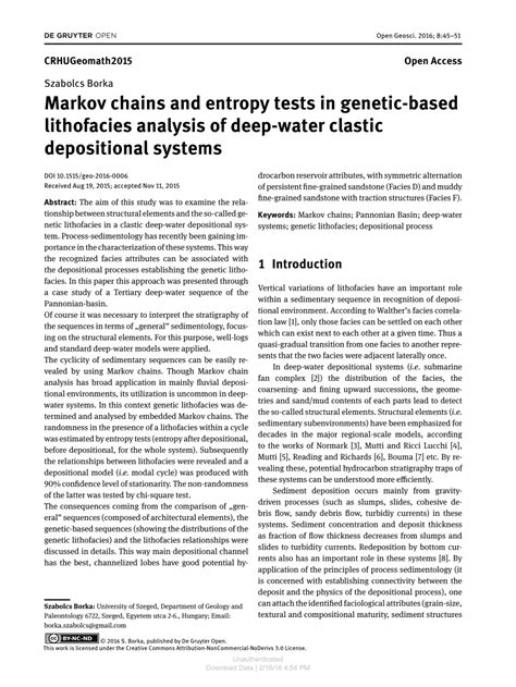 Pdf Markov Chains And Entropy Tests In Genetic Based Lithofacies Analysis Of Deep Water